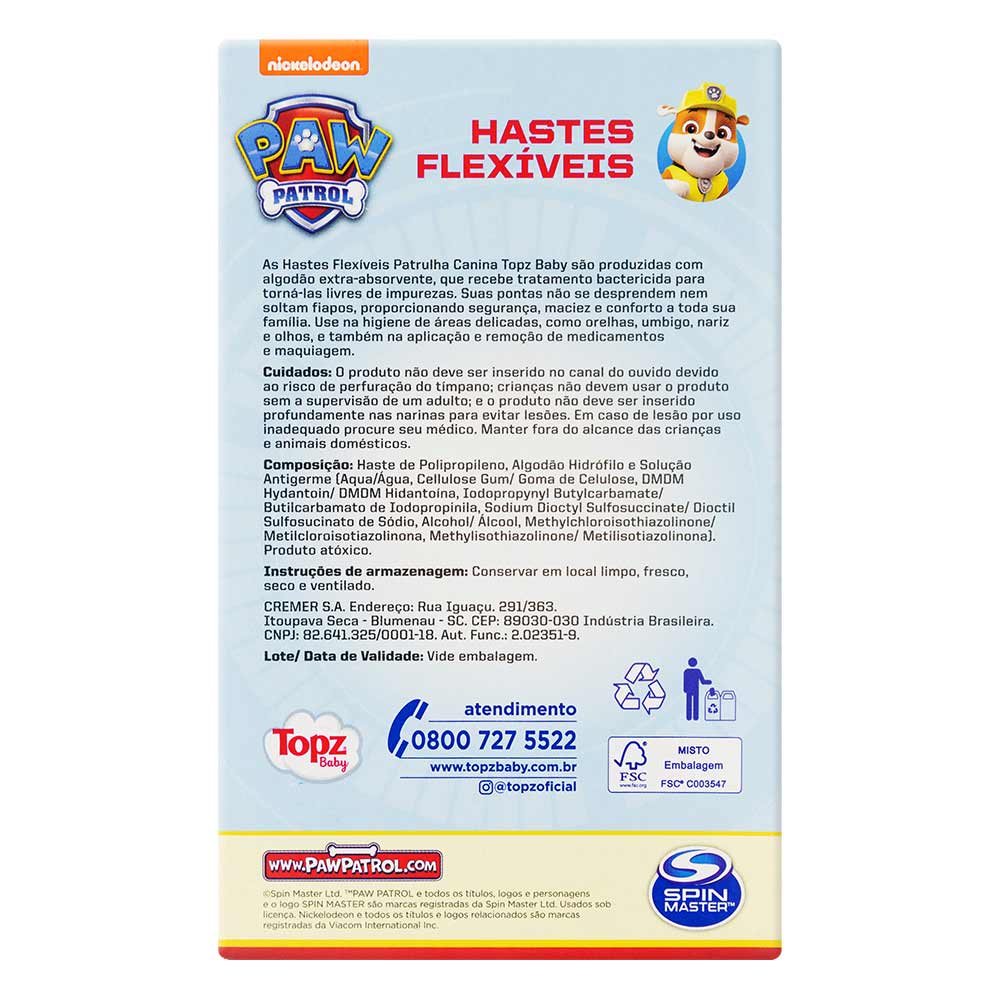 Hastes Flexíveis Paw Patrol Topz Baby 75 Unidades - Drogaria Sao Paulo