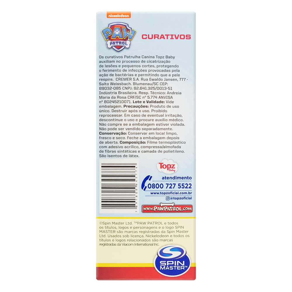 Curativo Infantil Tradicional Paw Patrol Topz Baby 10 Unidades ...
