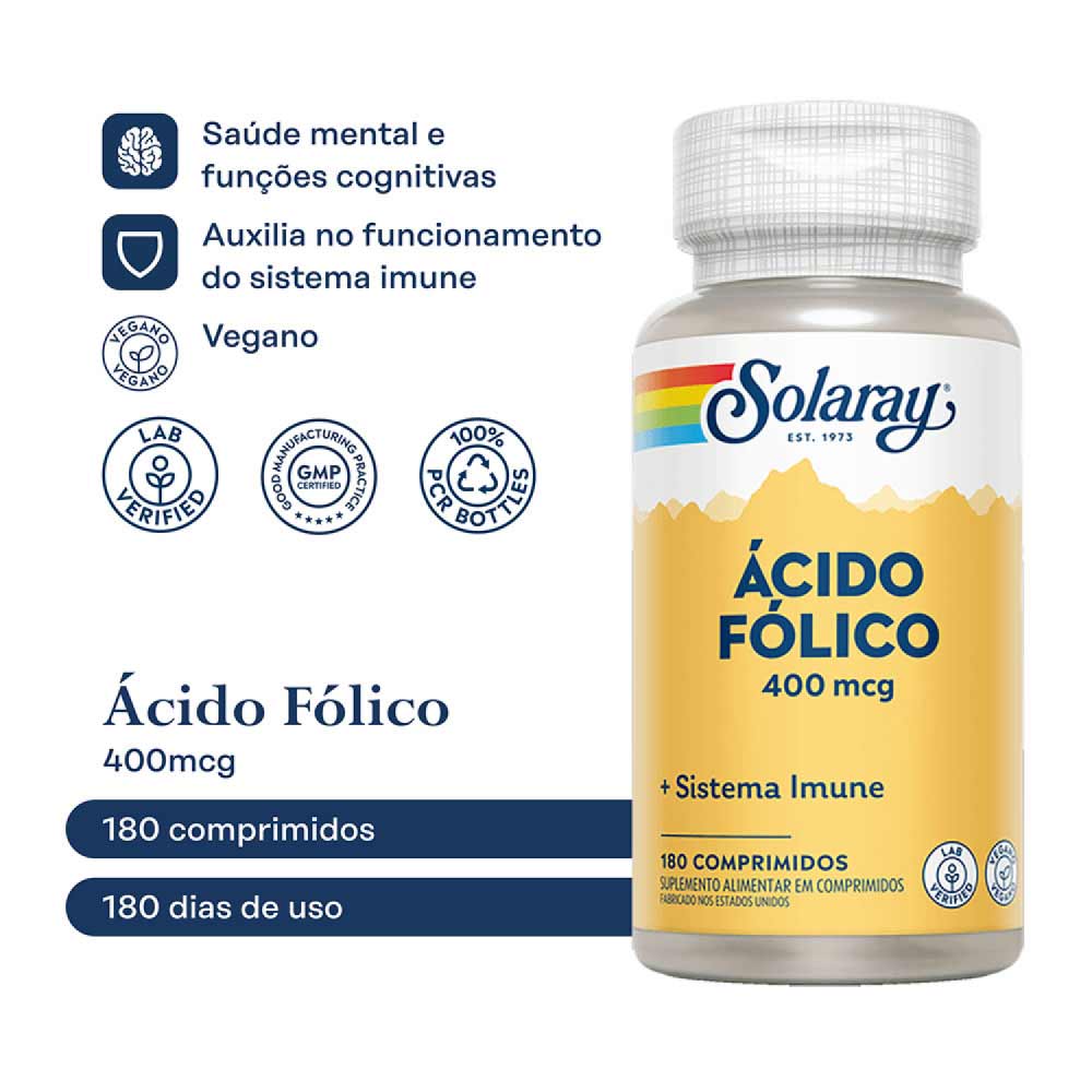 Suplemento Alimentar Ácido Fólico 400mcg Solaray 180 Comprimidos ...