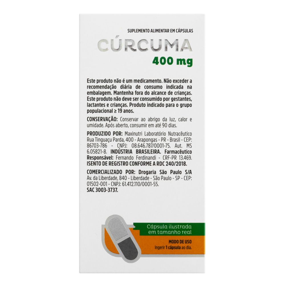 Cúrcuma 400mg Drogaria São Paulo 60 Cápsulas - Drogaria Sao Paulo