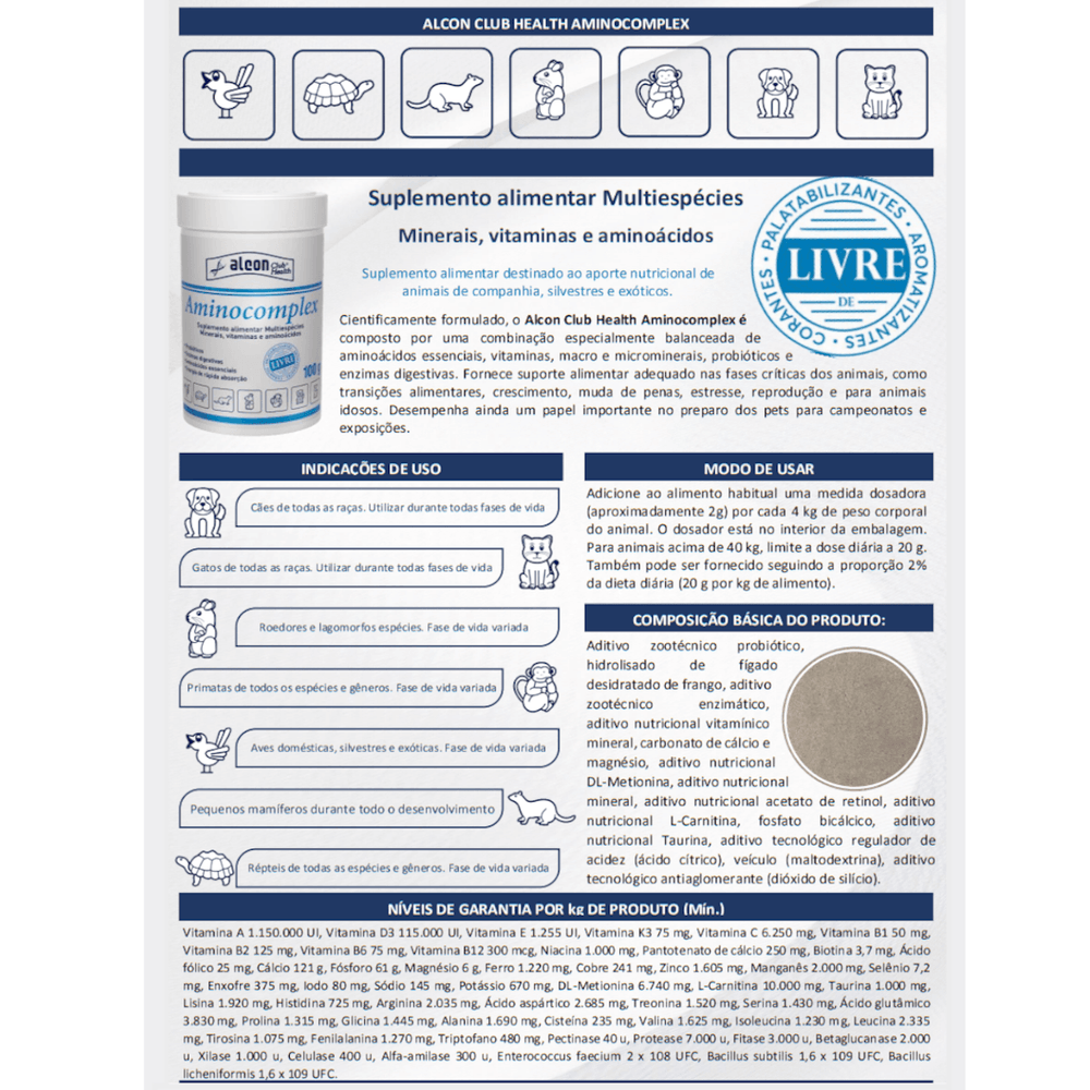 Alcon Club Health Aminocomplex 100g Suplemento Alimentar Multiespécies ...