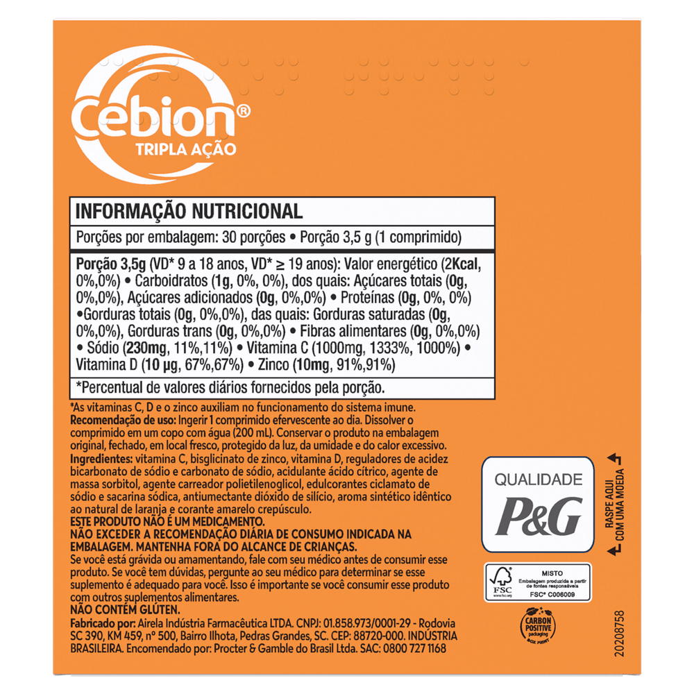 Suplemento Alimentar Cebion Zero Açúcar Tripla Ação 30 Comprimidos ...