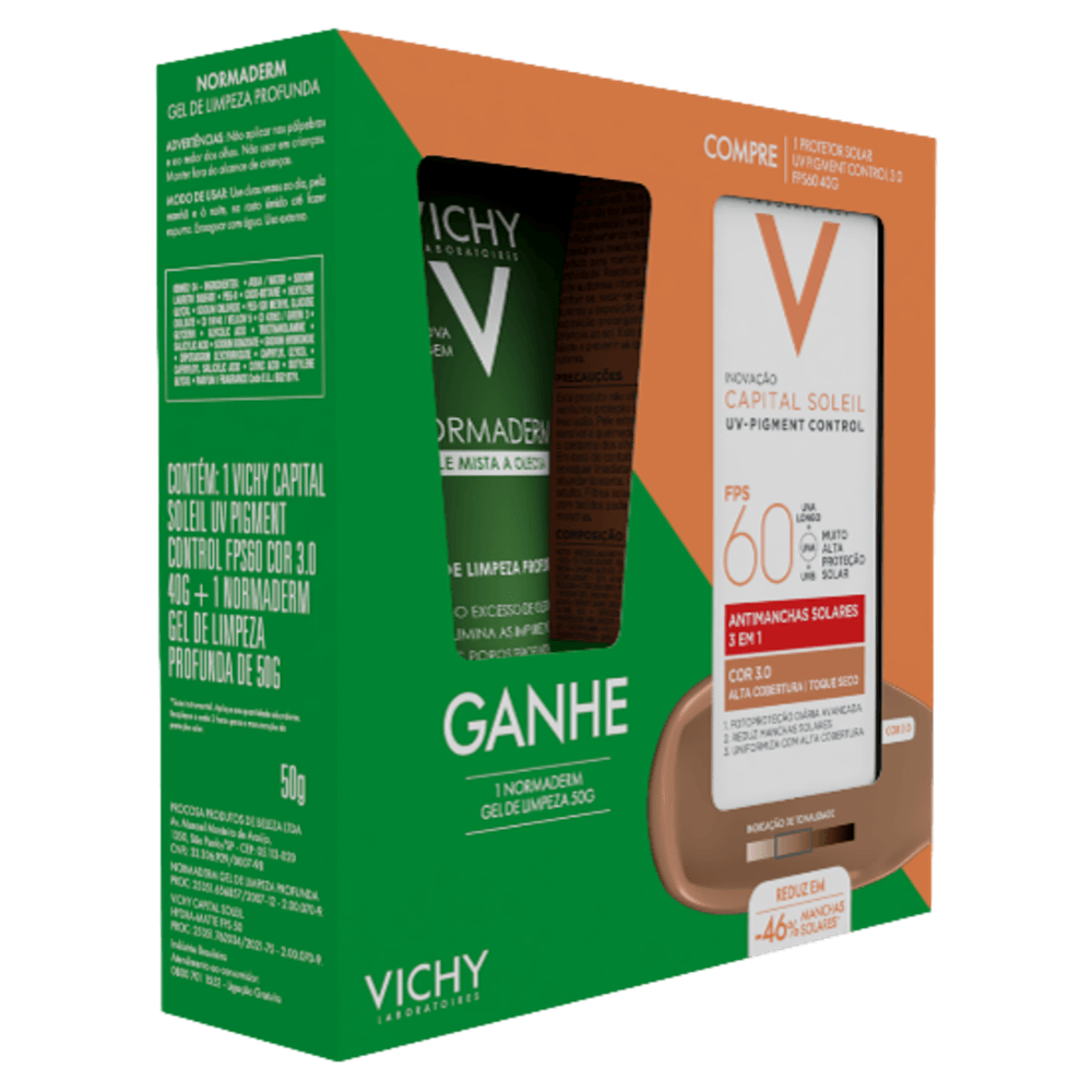 Kit Vichy Protetor Solar Facial FPS 60 Capital Soleil UV-Pigment Control 3.0 40g + Gel de ...