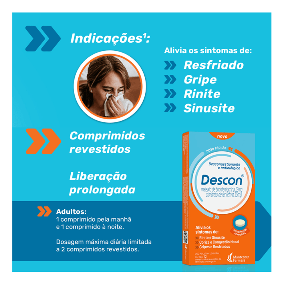 Descon 12mg Mantecorp Farmasa 12 Comprimidos Revestidos - Drogaria Sao Paulo