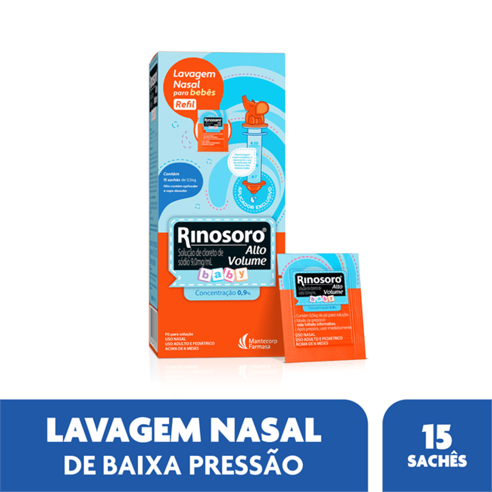 Lavagem Nasal Rinosoro Alto Volume Baby Caixa 15 Sachês de 0,54g Pó ...