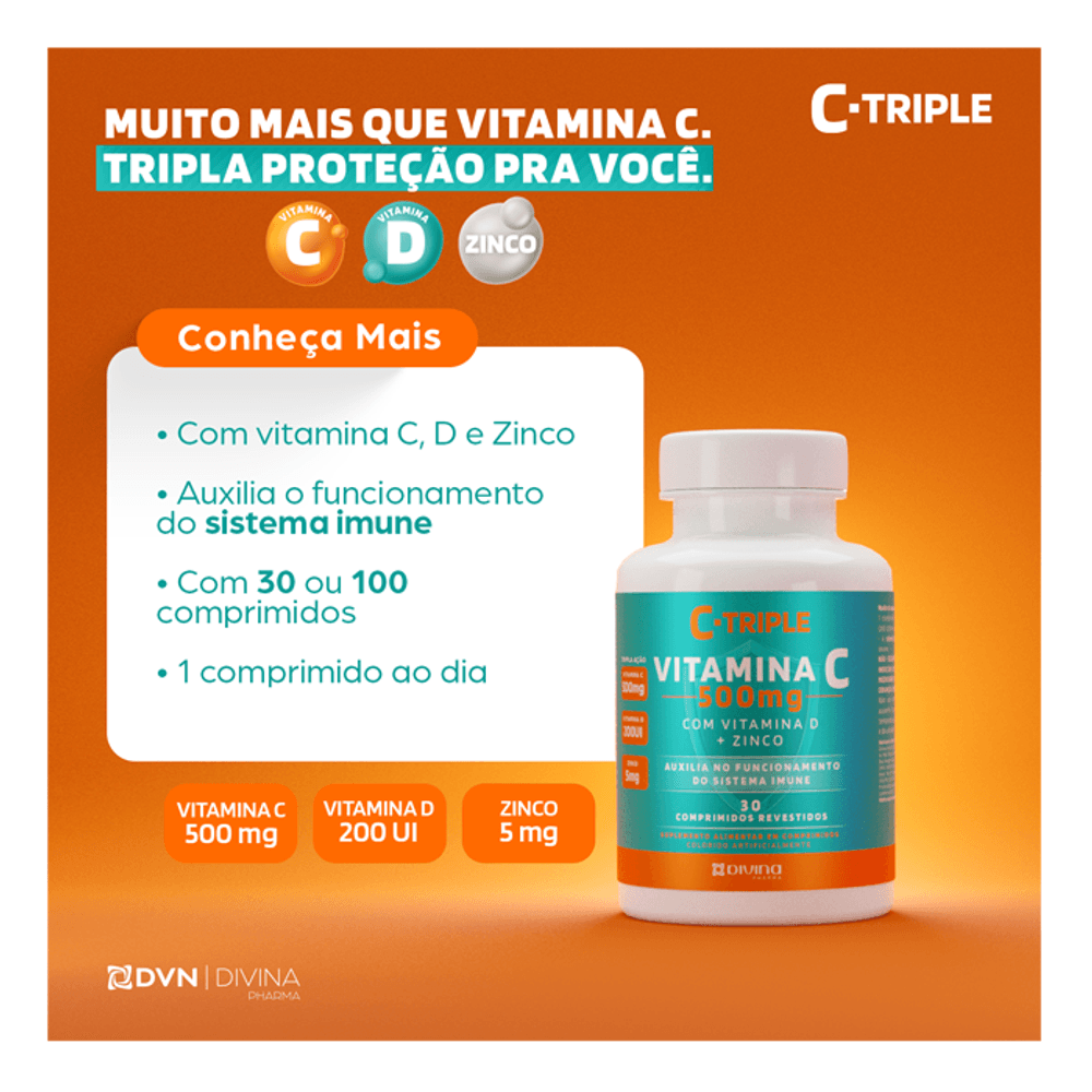 Complemento Alimentar C-Triple Vitamina C 500mg + D + Zinco 100 ...