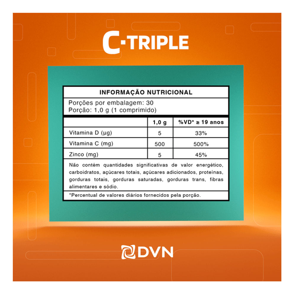 Complemento Alimentar C-Triple Vitamina C 500mg + D + Zinco 30 ...