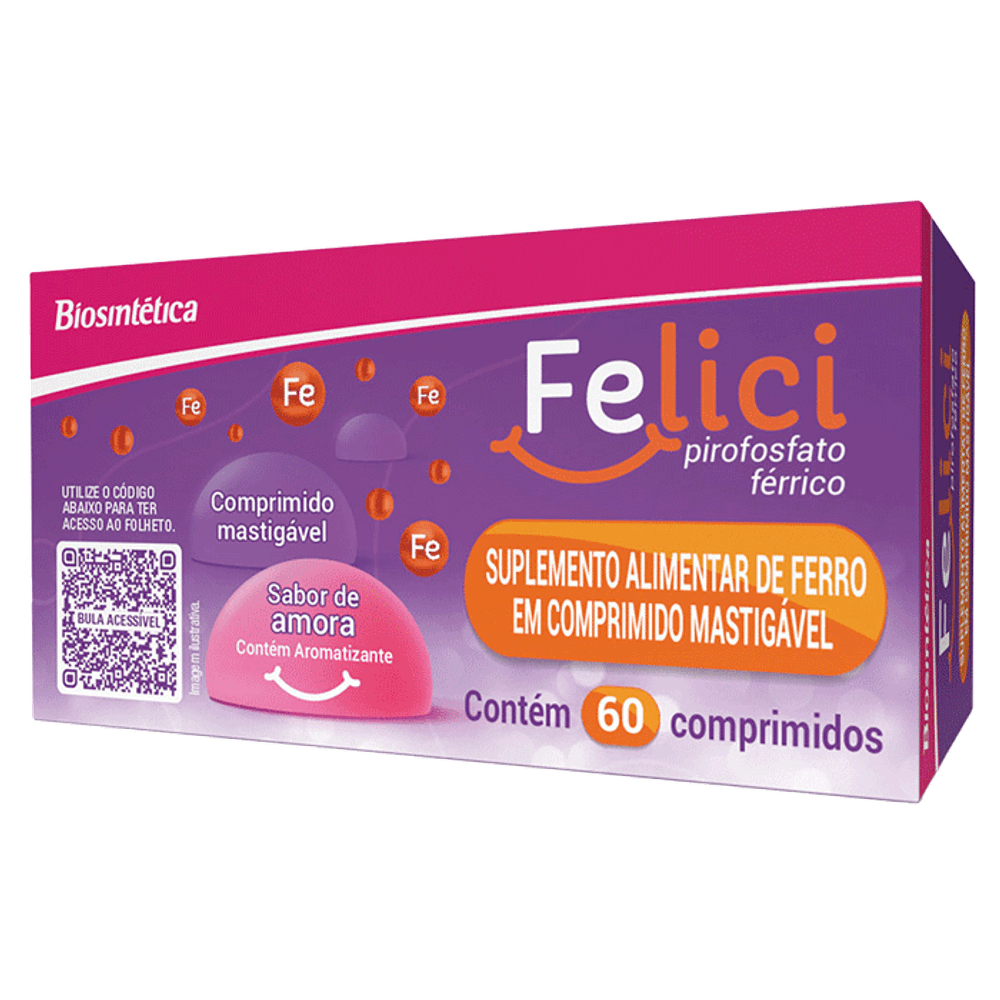 Complemento Alimentar Felici Ferro Amora 60 Comprimidos Mastigáveis ...