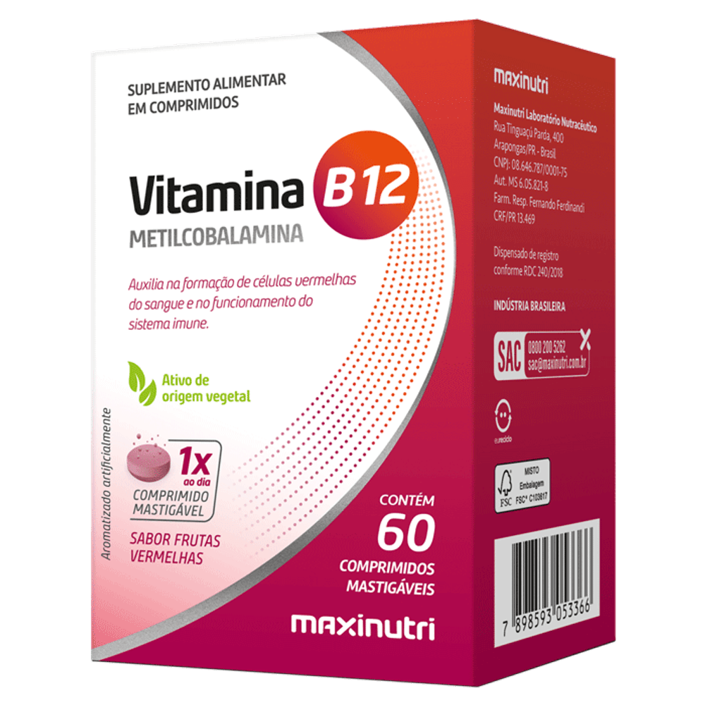Vitamina B12 Maxinutri Frutas Vermelhas 60 Comprimidos Mastigáveis - Drogaria Sao Paulo