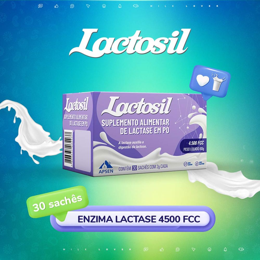 Lactosil Lactase 4.500 Fcc Sem Sabor Apsen 60g 30 Saches em Pó ...