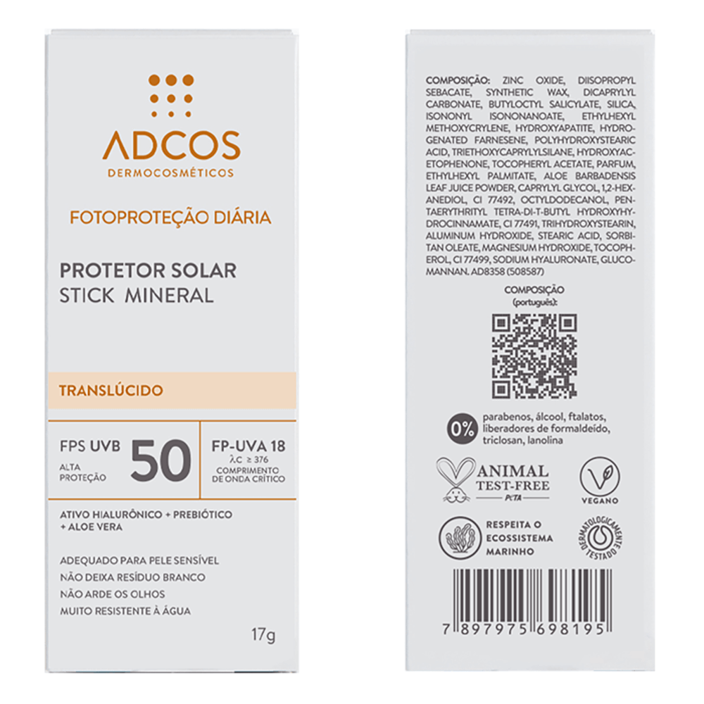 Protetor Solar Facial Adcos FPS 50 Mineral Translucido 17g Stick ...