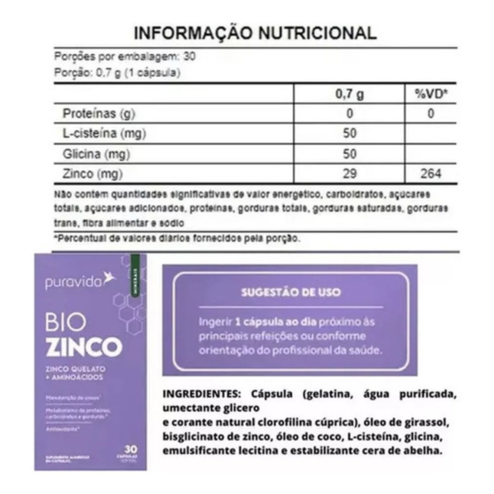 2x Bio Zinco PuraVida - Zinco Quelado + Aminoácidos - Drogaria Sao Paulo