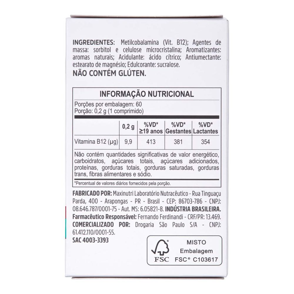 Vitamina B12 Drogaria São Paulo 60 Comprimidos Mastigavéis - Drogaria Sao Paulo