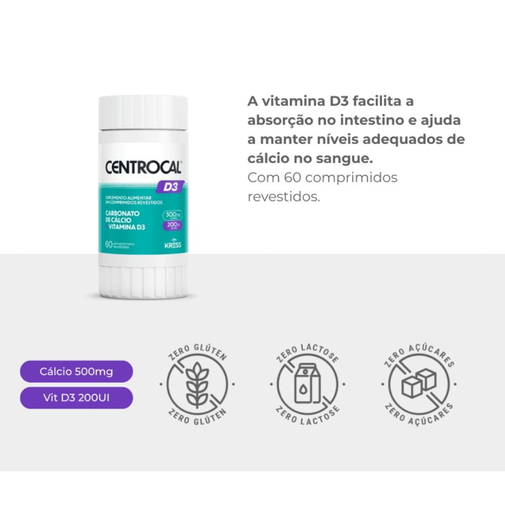 Centrocal D3 Suplemento Alimentar Cálcio + Vitamina D3 Kress 60cpr ...