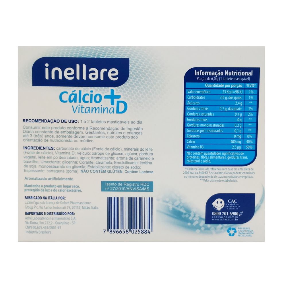 Inelatte Cálcio + Vitamina D Aché Caramelo 60 Tabletes - Drogaria Sao Paulo