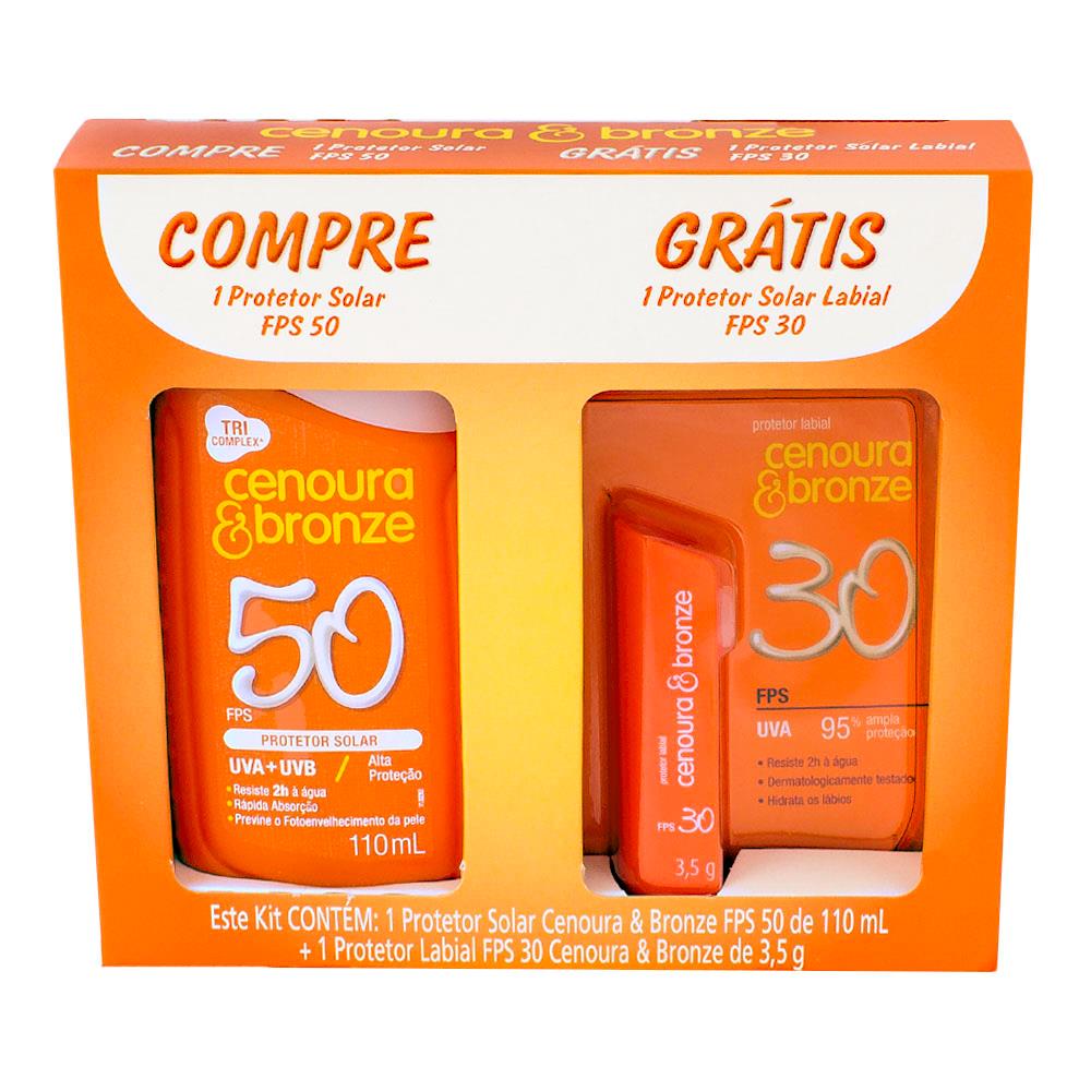 Kit Protetor Solar Cenoura & Bronze FPS 50 110ml + Protetor Labial FPS ...