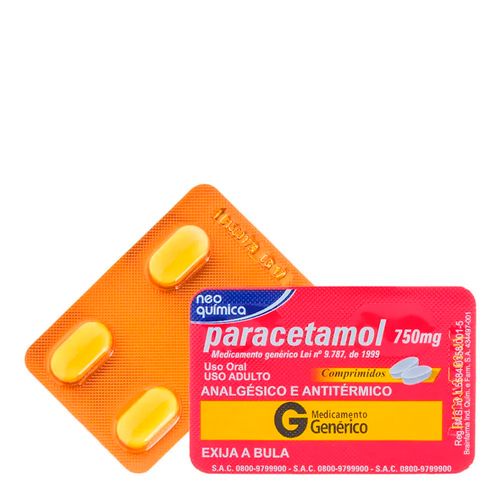 Paracetamol 750mg 4 comprimidos genérico - Drogaria Sao Paulo