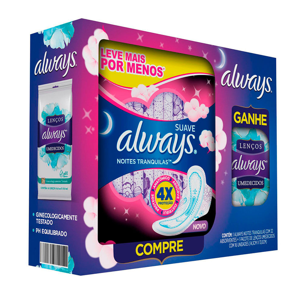 Kit Absorvente Always Noites Tranquilas Suave 32 Unidades + Lenços ...