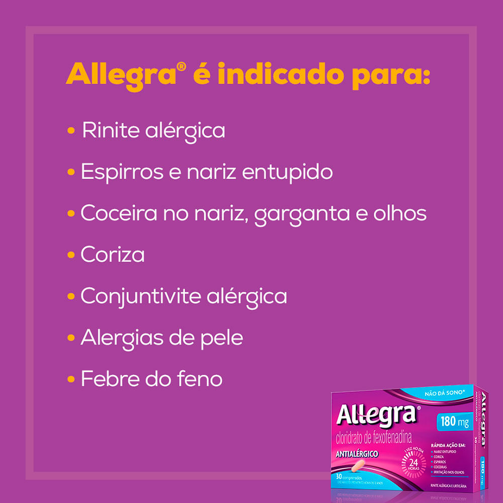 Antialérgico Allegra 180mg Sanofi 30 Comprimidos - Drogaria Sao Paulo
