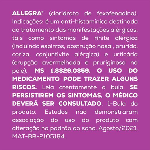 Antialérgico Allegra 180mg Sanofi 30 Comprimidos - Drogaria Sao Paulo