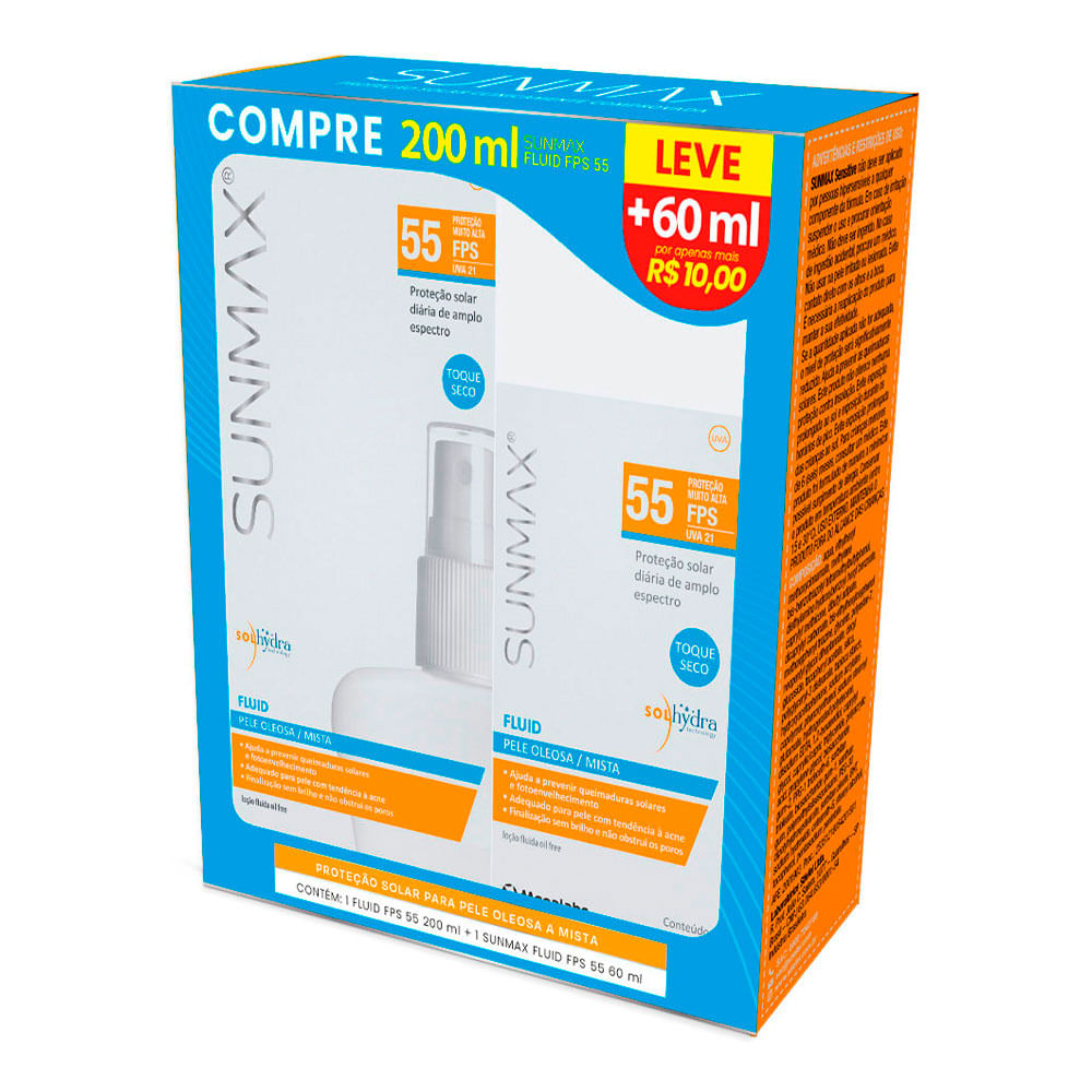 Kit Sunmax Protetor Solar Facial FPS 55 Fluid Pele Oleosa e Mista 200ml ...
