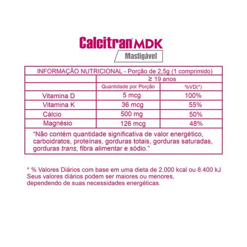 Suplemento Alimentar Calcitran MDK Cálcio com Magnésio, Vitamina D e K ...