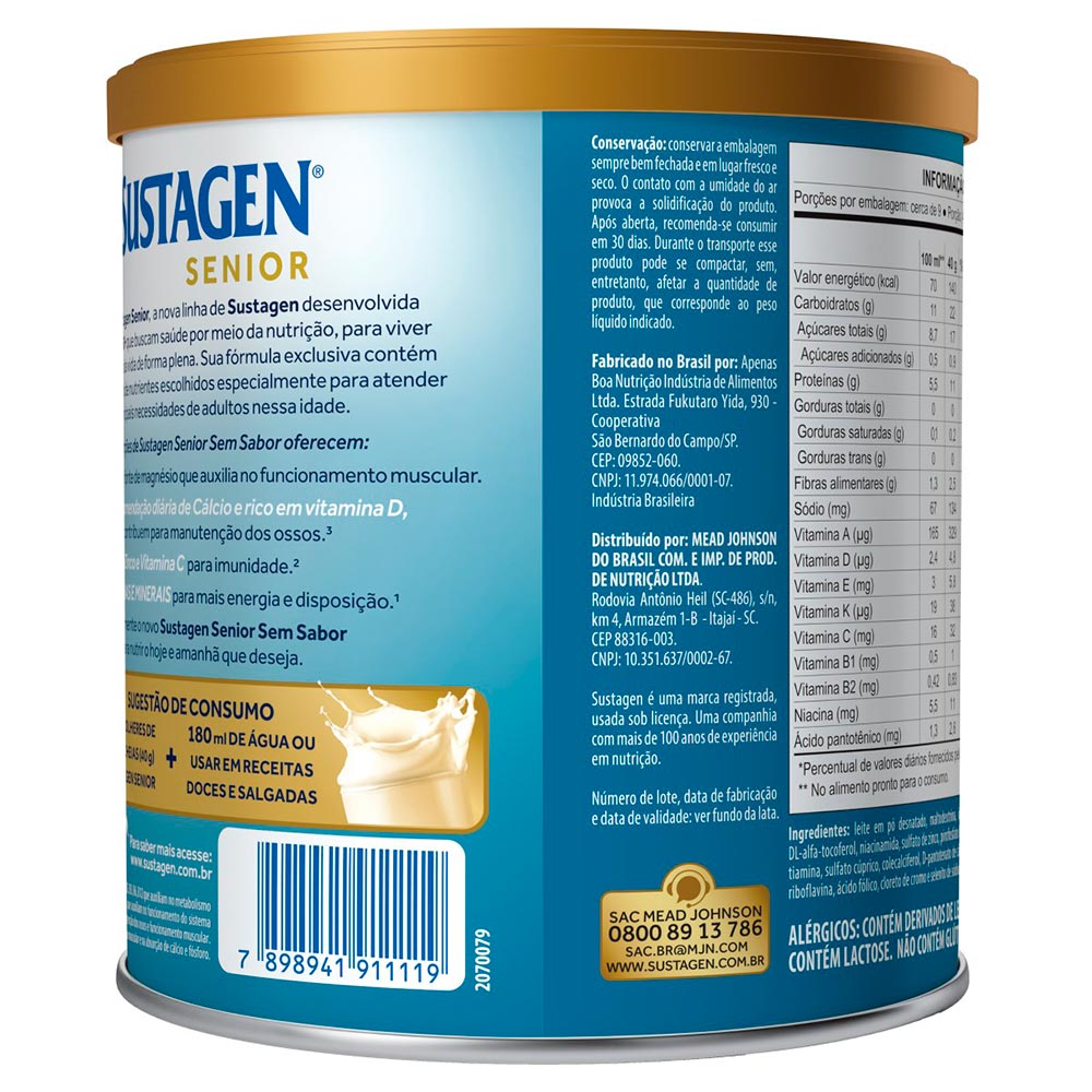 Complemento Alimentar Sustagen Senior Adultos 50+ Sem Sabor 370g ...
