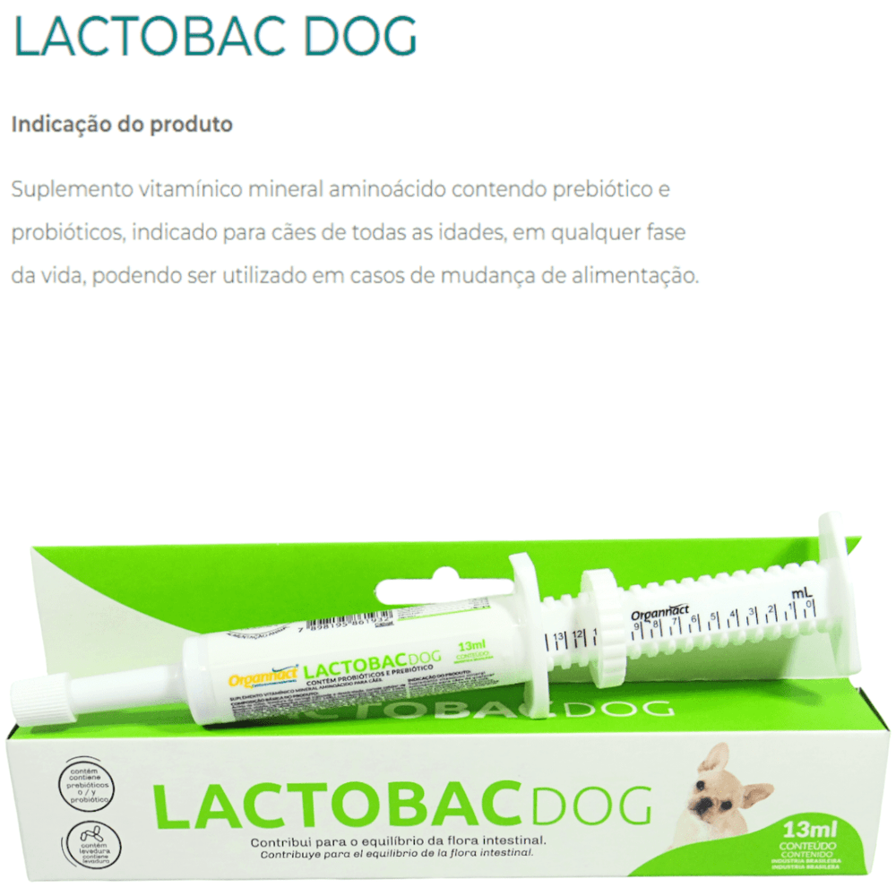 Lactobac Dog 13ml Suplemento Com Probiótico e Prebiótico Para Cães ...