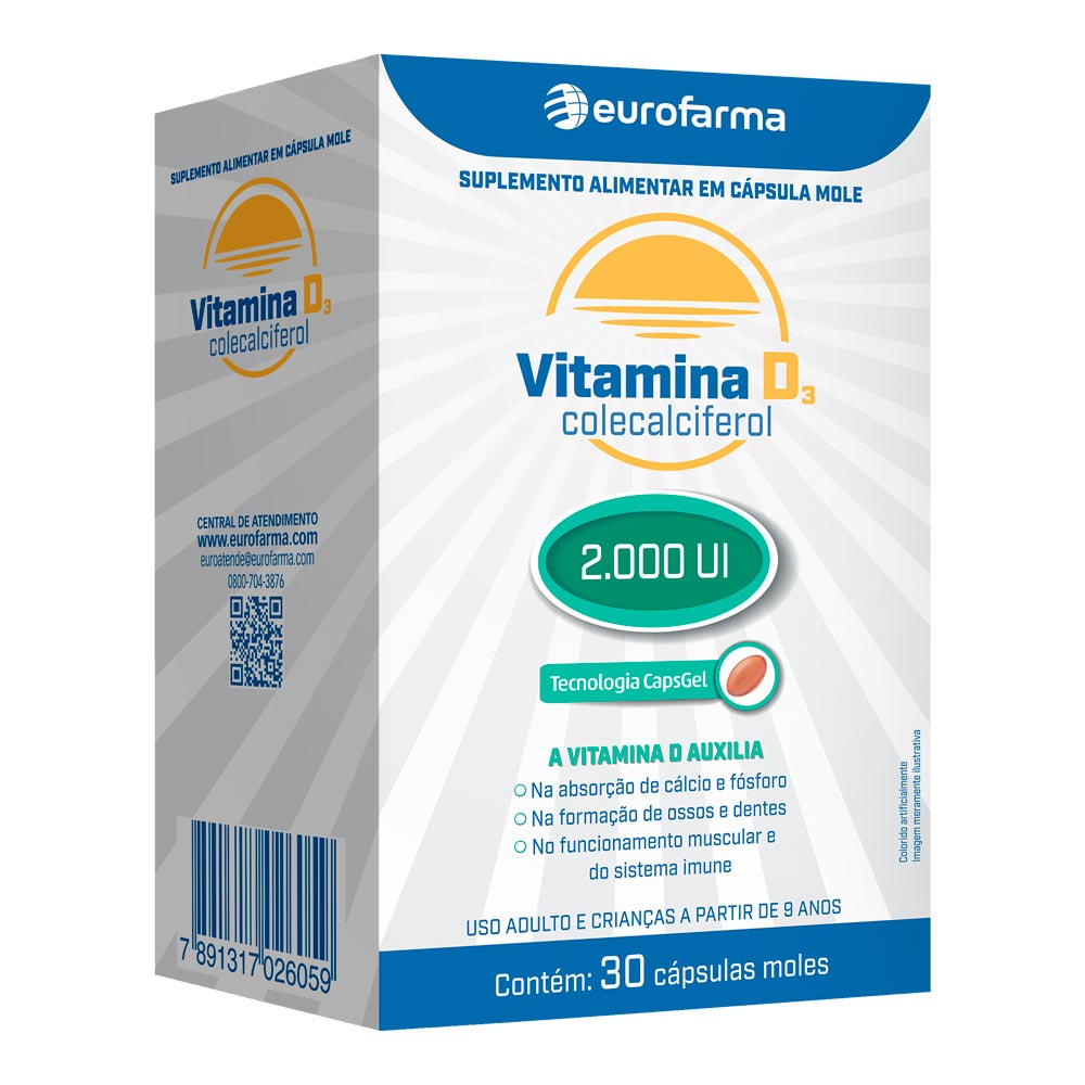 Suplemento Vitamínico Vitamina D3 2000ui Eurofarma 30 Cápsulas Gel ...