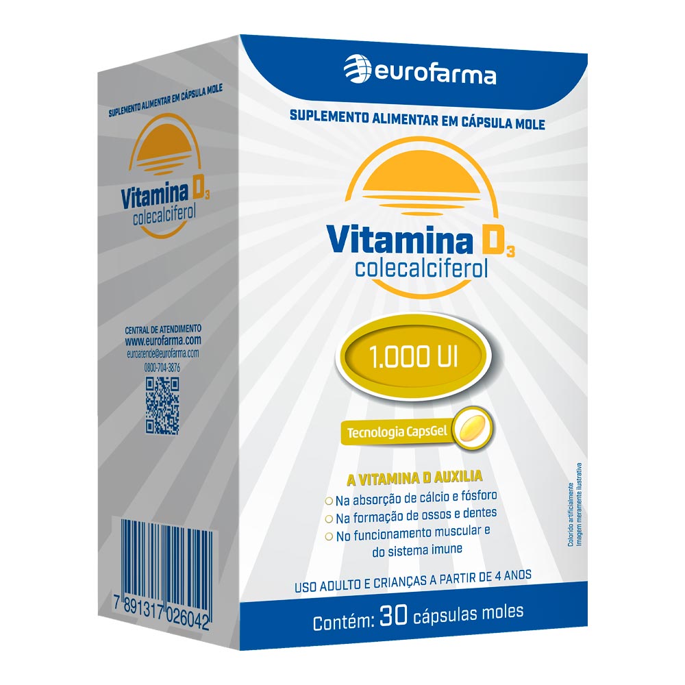 Suplemento Vitamínico Vitamina D3 1000ui Eurofarma 30 Cápsulas Gel ...