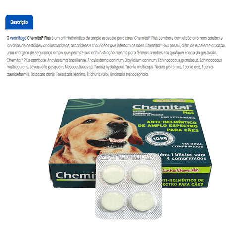 Chemital Plus Com 4 Comprimidos Chemitec Vermífugo Para Cães Kit Com 2 ...