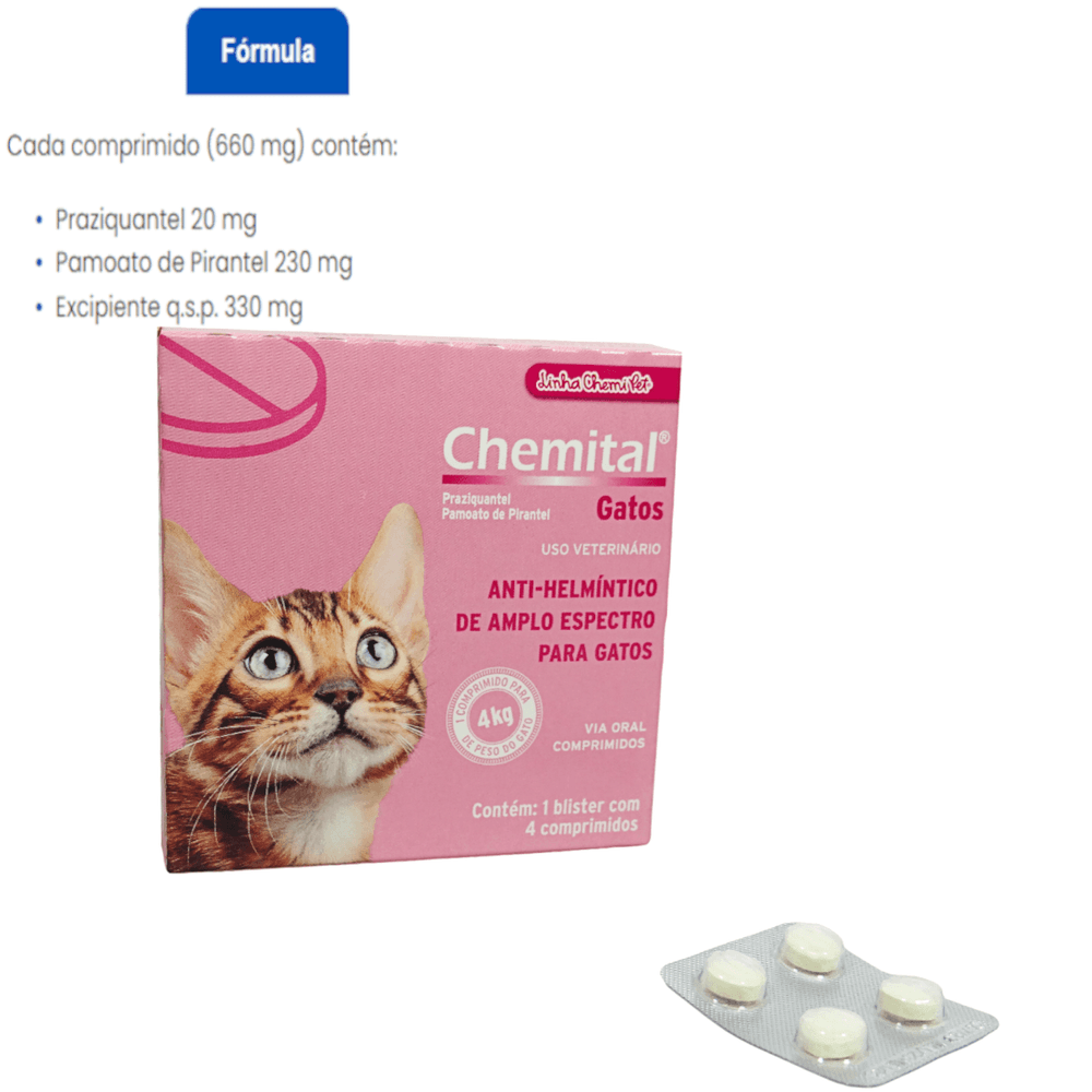 Chemital Com 4 Comprimidos Chemitec Vermífugo Para Gatos Kit Com 5 Cx ...